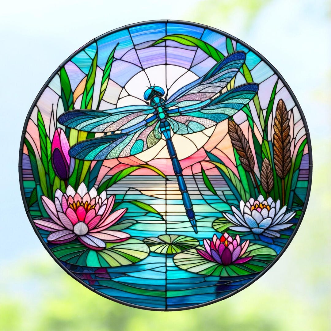 Dragonfly & Water Lily Faux Stained-glass WINDOW CLING Deluxe Vinyl ...