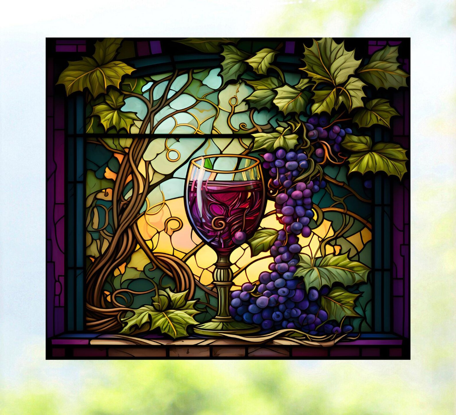 Glass of Wine & Grapes Faux Stained-glass WINDOW CLING Deluxe Vinyl ...