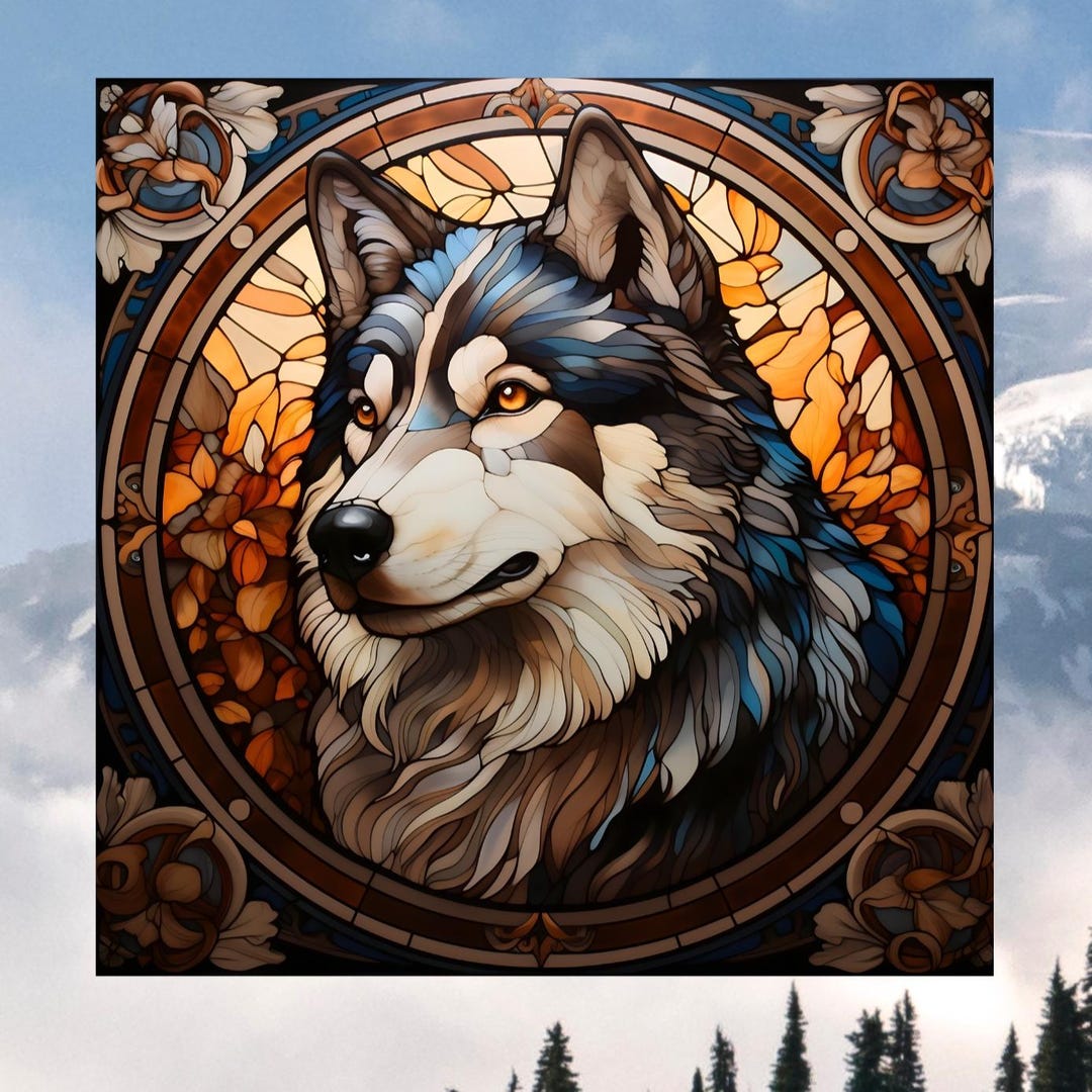 Wolf Faux Stained Glass Window Cling: 8" Square Vinyl Sun-catcher Four ...