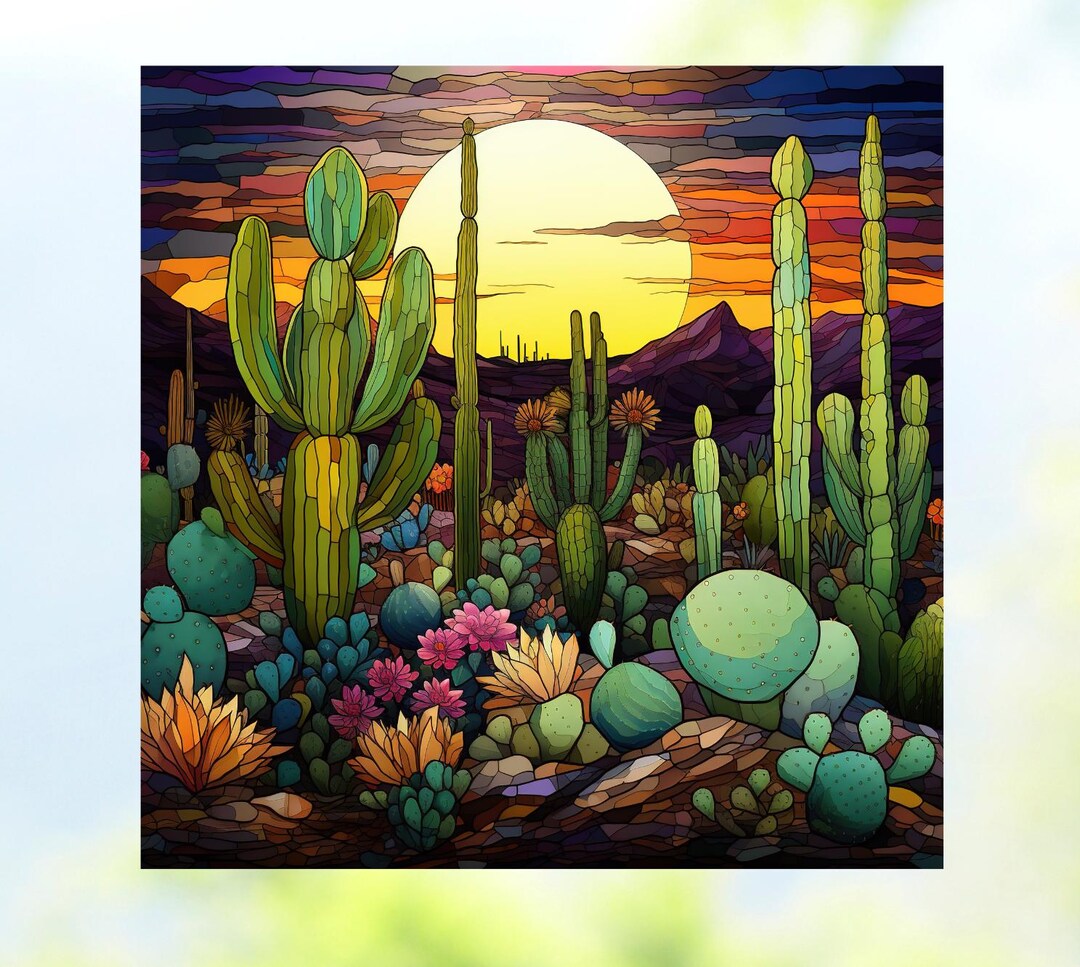 Desert Cactus Sunset Faux Stained-glass WINDOW CLING Glossy ...