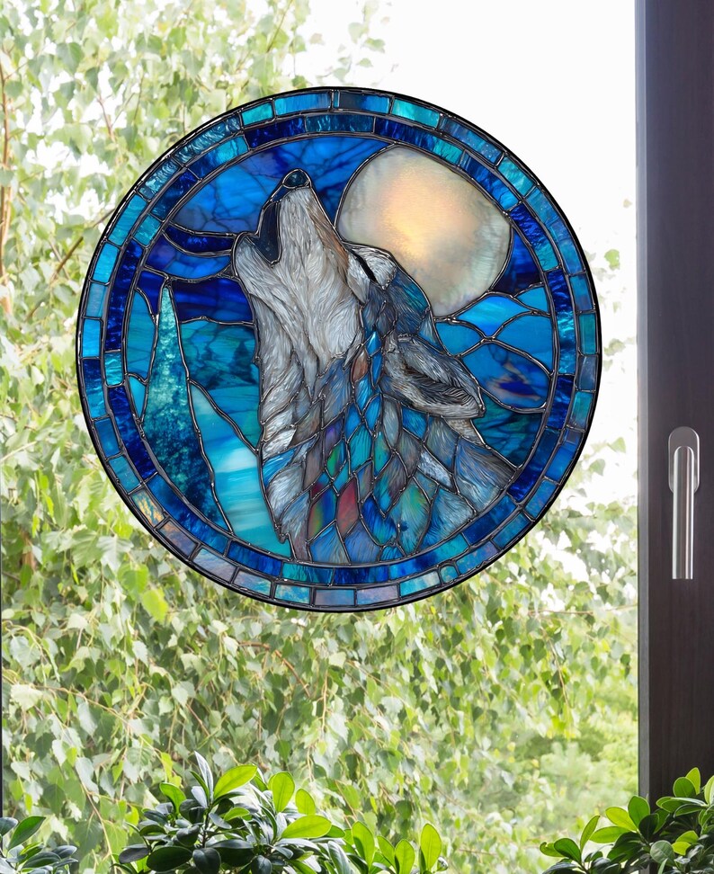 Howling Wolf & Full Moon Faux Stained-glass WINDOW CLING Deluxe Vinyl ...