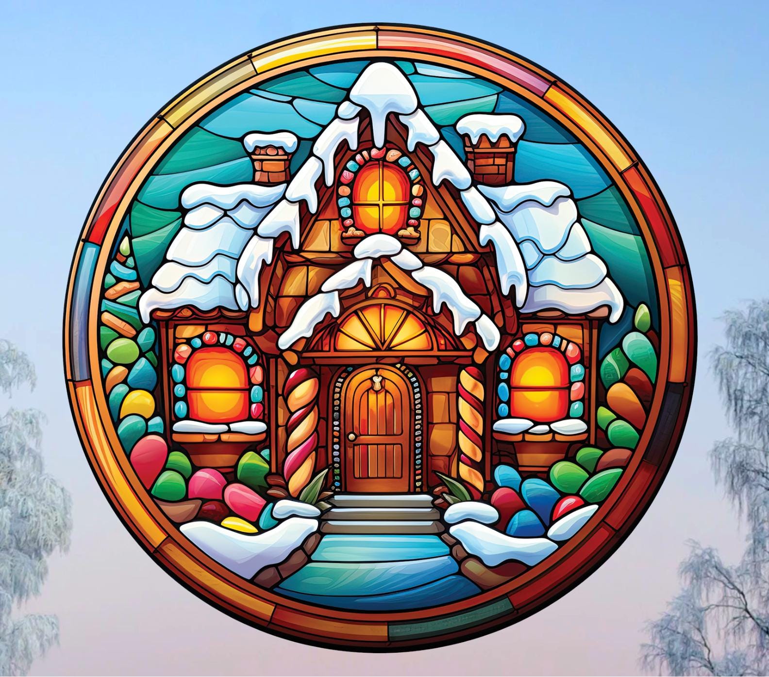 Gingerbread House Faux Stained-glass WINDOW CLING Glass-like Suncatcher ...