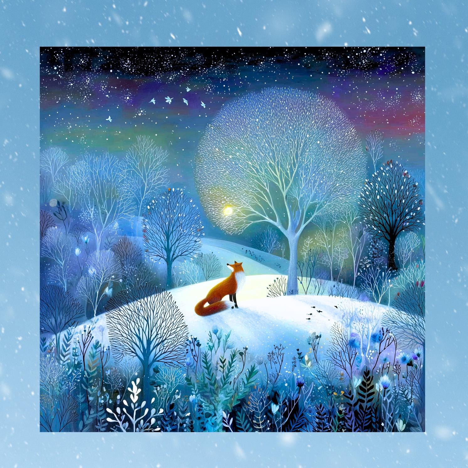 Woodland Fox on Snowy Winter Night WINDOW CLING Glass-like Suncatcher 2 ...