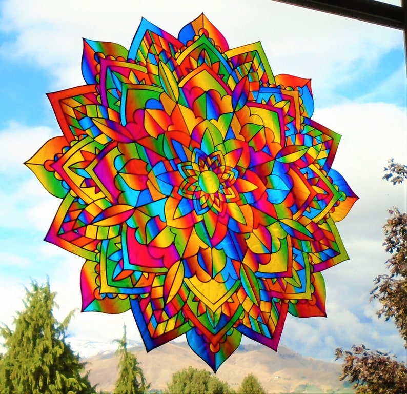Mandala Flower Suncatcher WINDOW CLING Stained Glass Color - Etsy