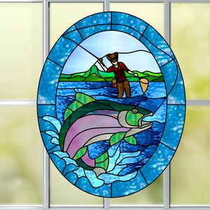 Fly Fishing, Trout Faux Stained Glass Deluxe WINDOW CLING ~ Suncatcher ...