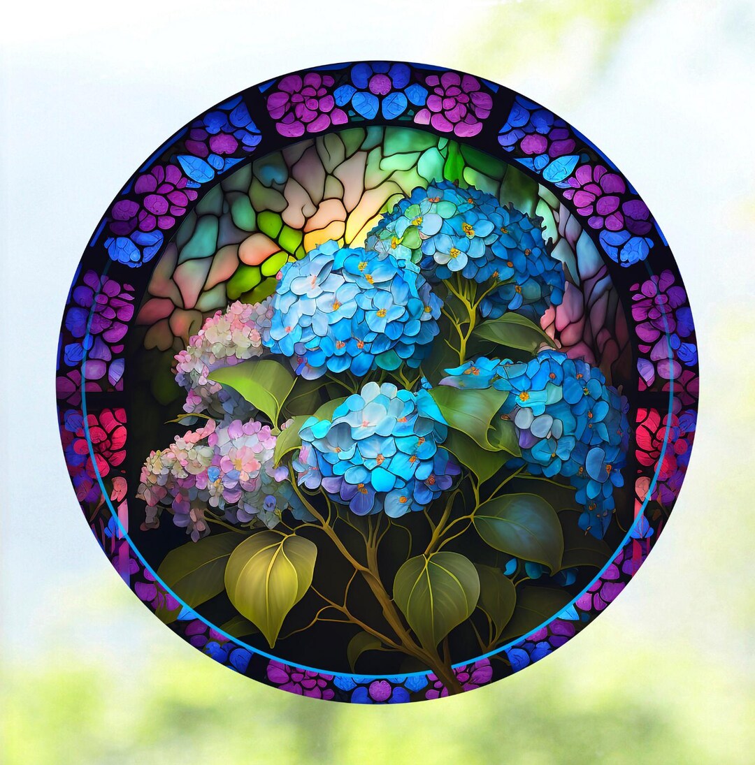 Hydrangea Faux Stained-glass WINDOW CLING 2 Designs Deluxe Suncatcher ...
