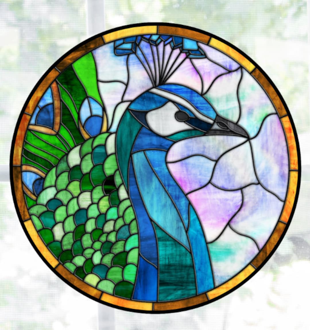 Peacock WINDOW CLING Faux Stained Glass Round Suncatcher Size 8 Thick ...