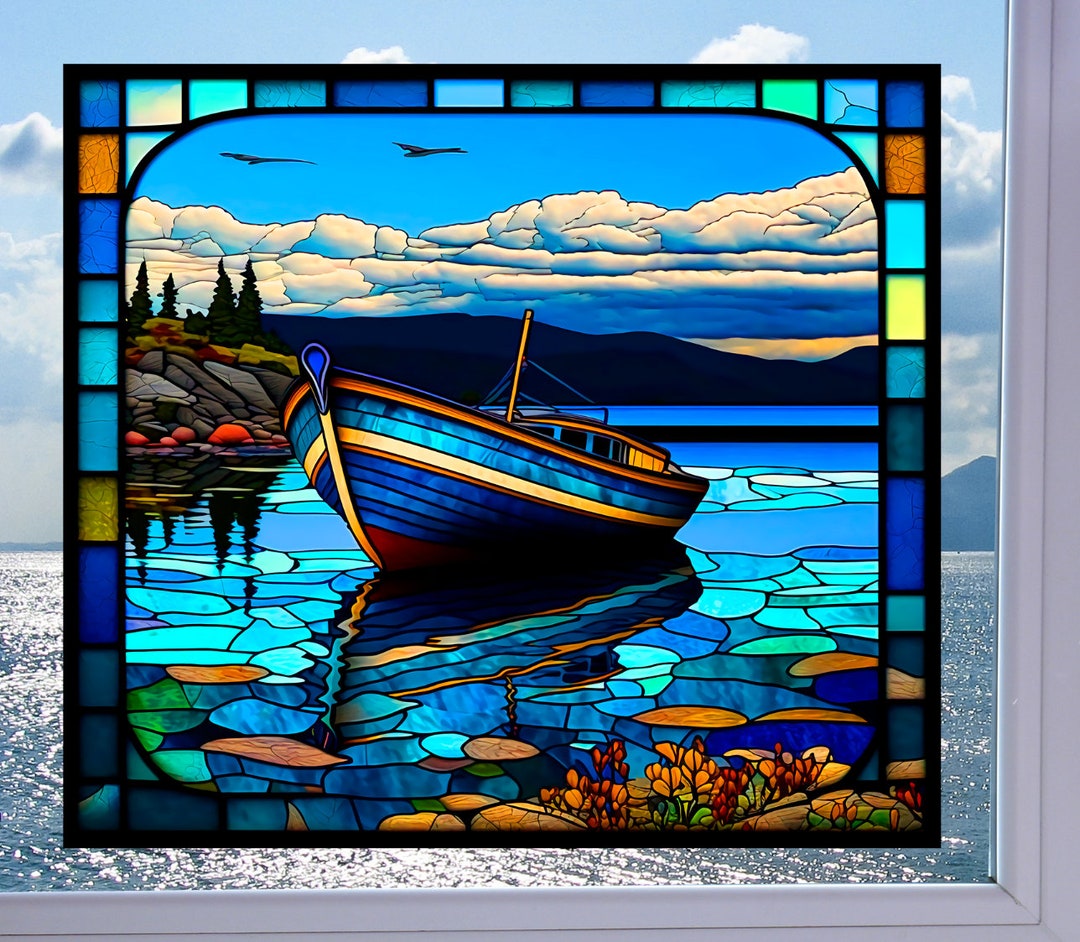 Boat on Lake WINDOW CLING Faux Stained Glass Suncatcher - Etsy