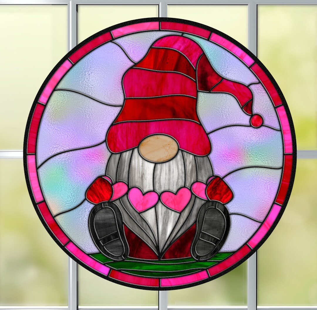 Gnome WINDOW CLING Faux Stained Glass Hearts Suncatcher Size 8 With ...