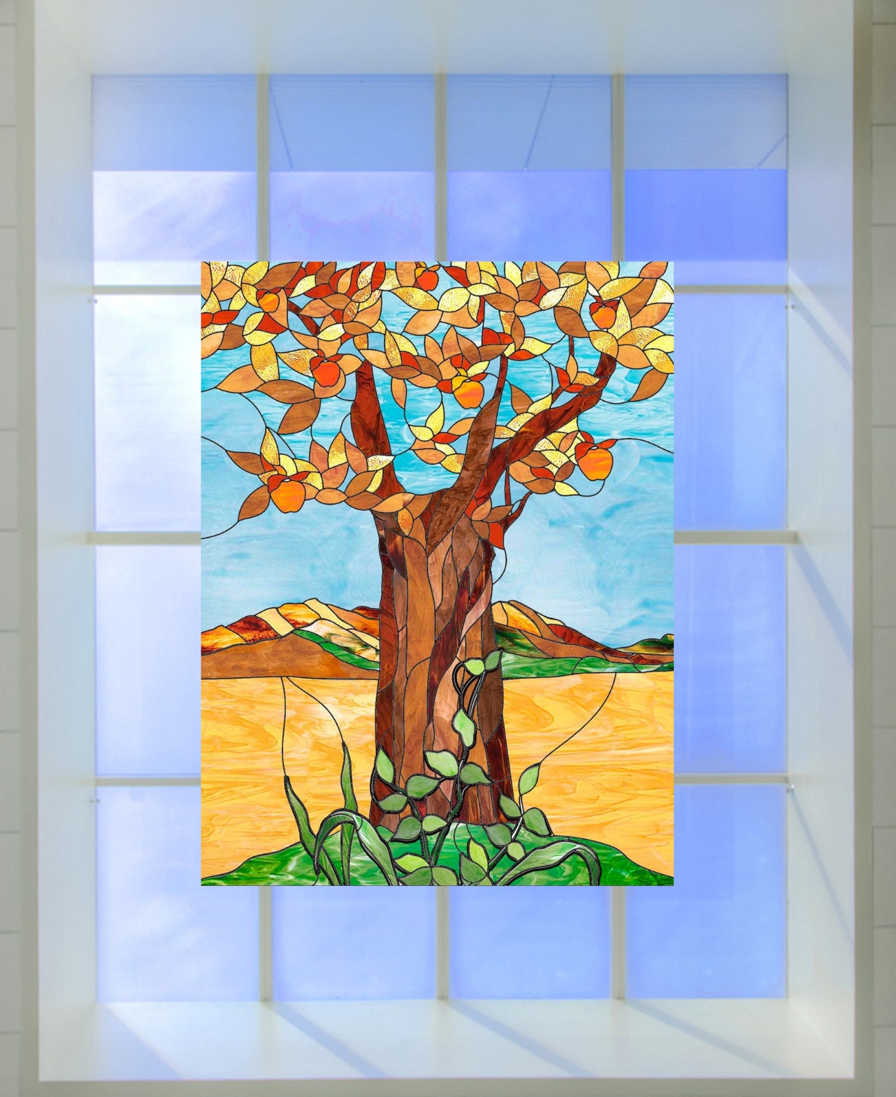 Faux Stained Glass Fall Fruit Tree WINDOW CLING Suncatcher | Etsy
