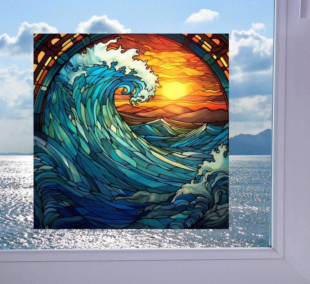Ocean Wave Window Cling ~ Faux Stained Glass ~ Size 8" Two Designs ...