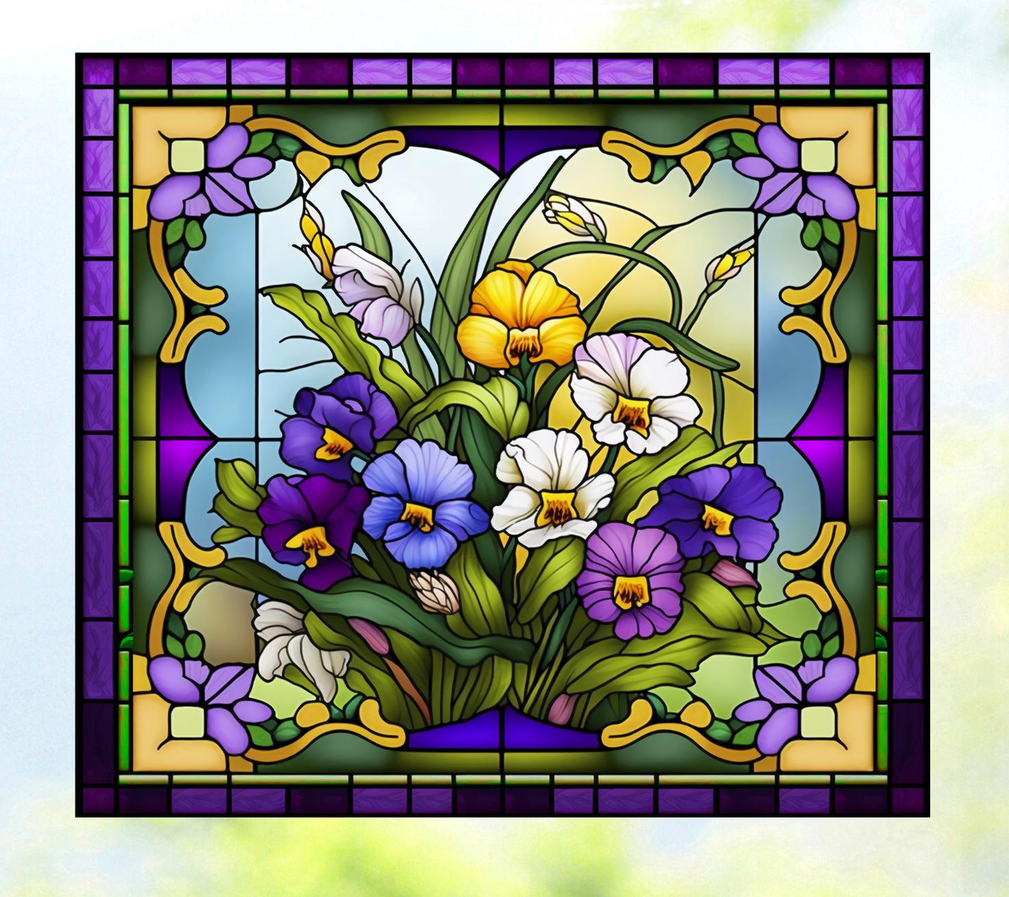 Pansies Faux Stained-glass WINDOW CLING Glossy, Translucent, Double ...