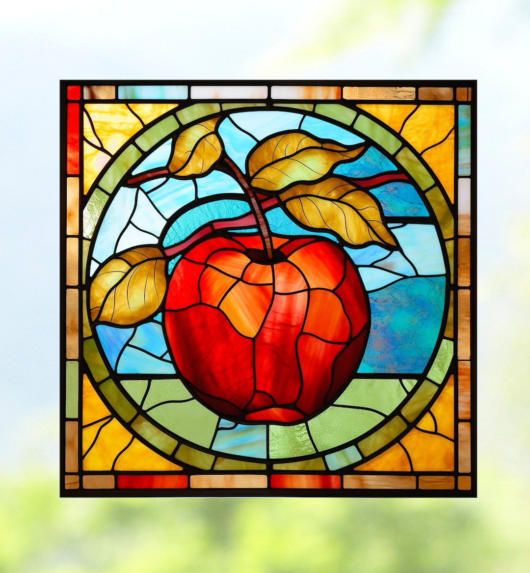 Red Apple WINDOW CLING Faux Stained Glass Suncatcher Size 8 With Glassy ...