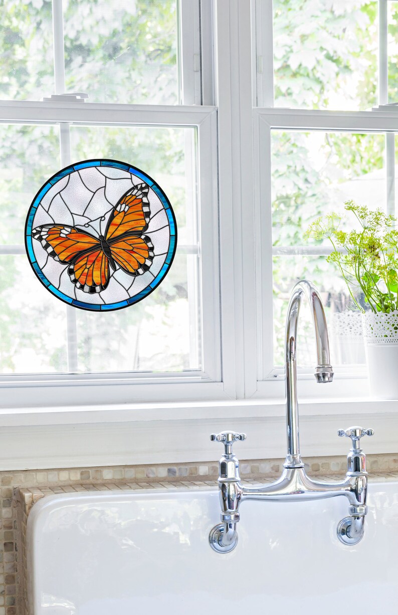 Faux Stained Glass Monarch Butterfly WINDOW CLING Round - Etsy