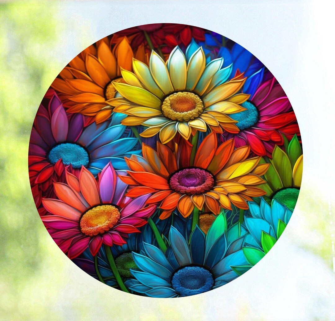 Colorful Daisy Flowers Deluxe WINDOW CLING ~ Sun-catcher Size 8" Round ...