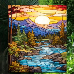 River at Sunset Faux Stained-glass WINDOW CLING Deluxe Vinyl Suncatcher ...