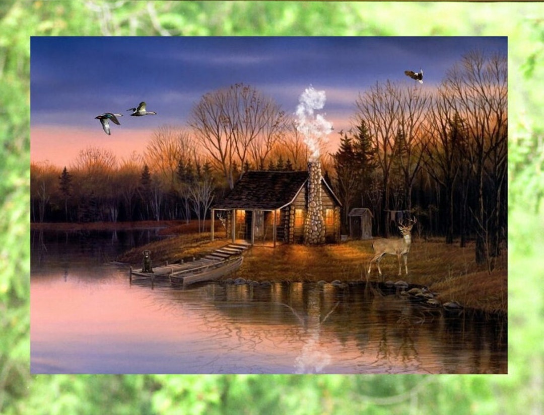 Cabin on Lake WINDOW CLING Deer, Black Lab, Eagle, Geese, Trees, Nature ...