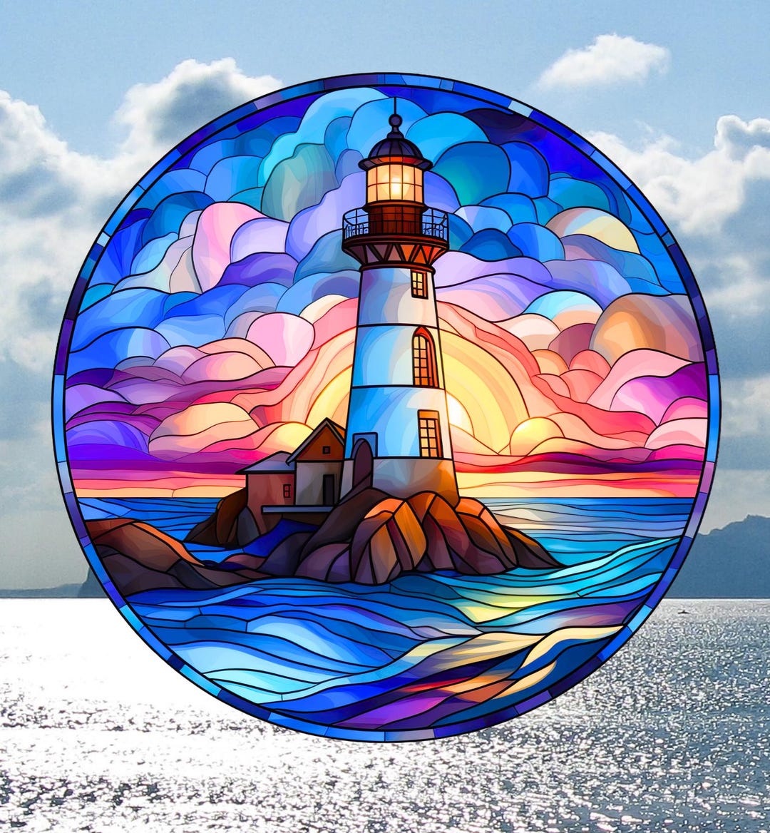 Lighthouse Window Cling ~ Faux Stained Glass ~ Sun-catcher Size 8 ...