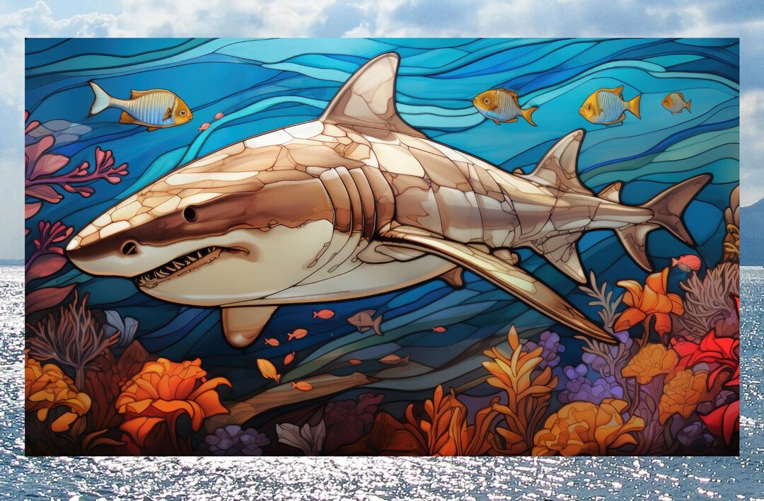 Shark Faux Stained-glass WINDOW CLING New Glassy Deluxe Vinyl ...