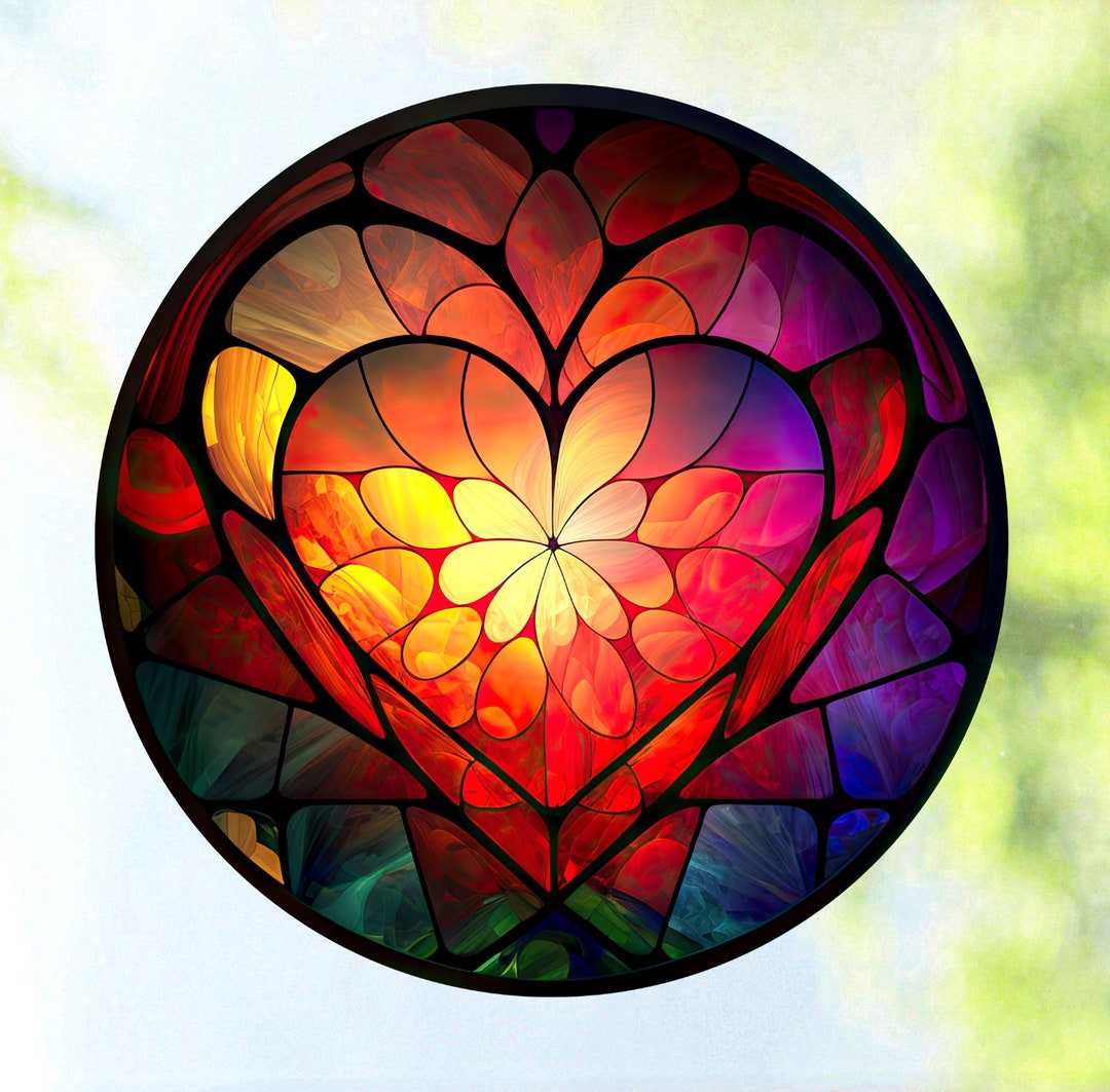 Heart WINDOW CLING Faux Stained Glass Round Suncatcher Size 8 ...