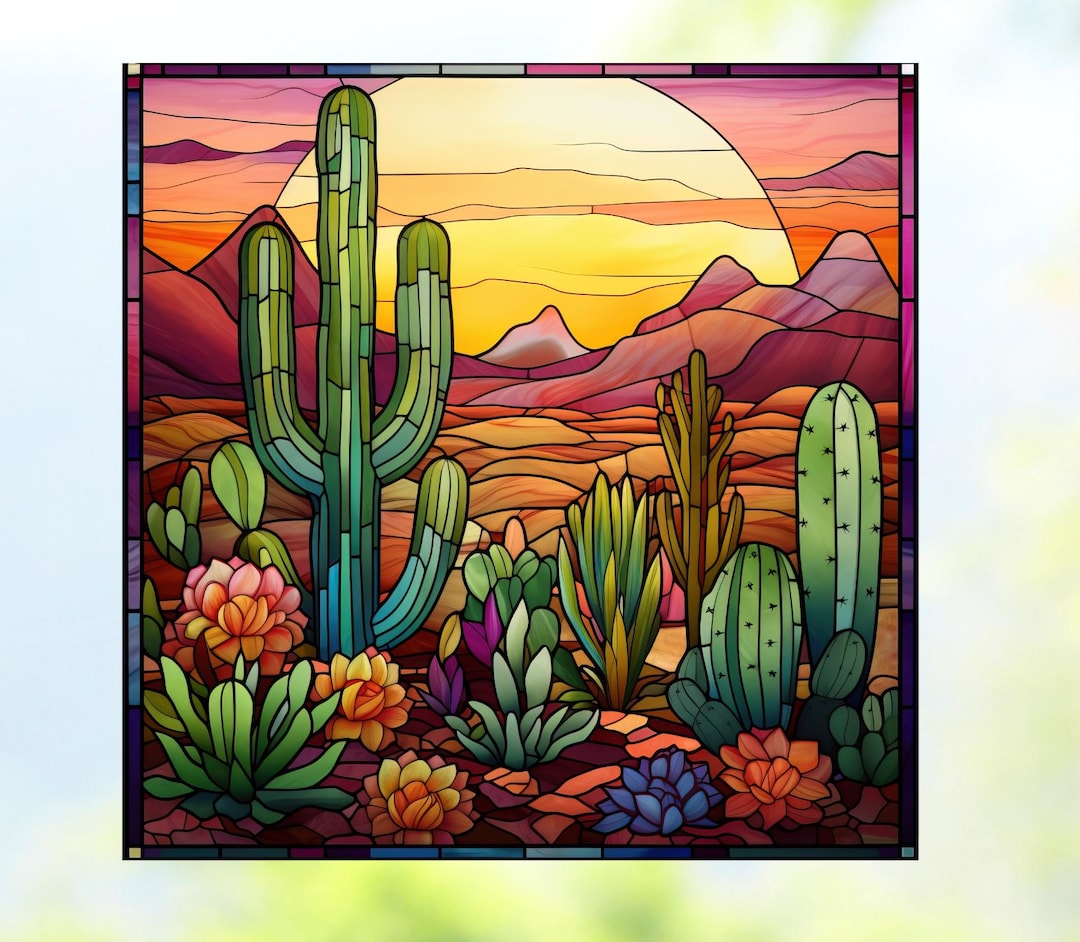 Desert Cactus at Sunset Faux Stained-glass WINDOW CLING Glossy ...