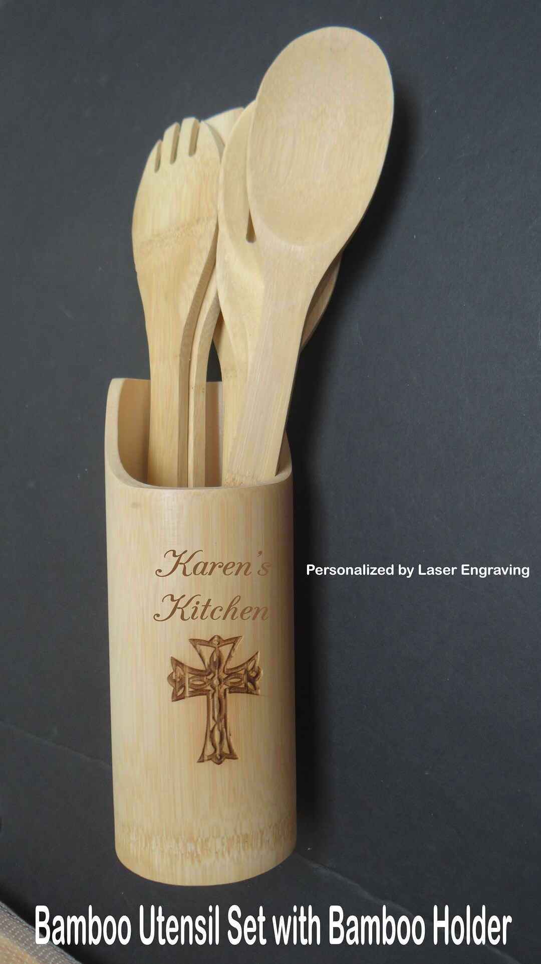 Personalized Bamboo Utensils Set With Cross Engraving - 5 Piece Kitchen ...