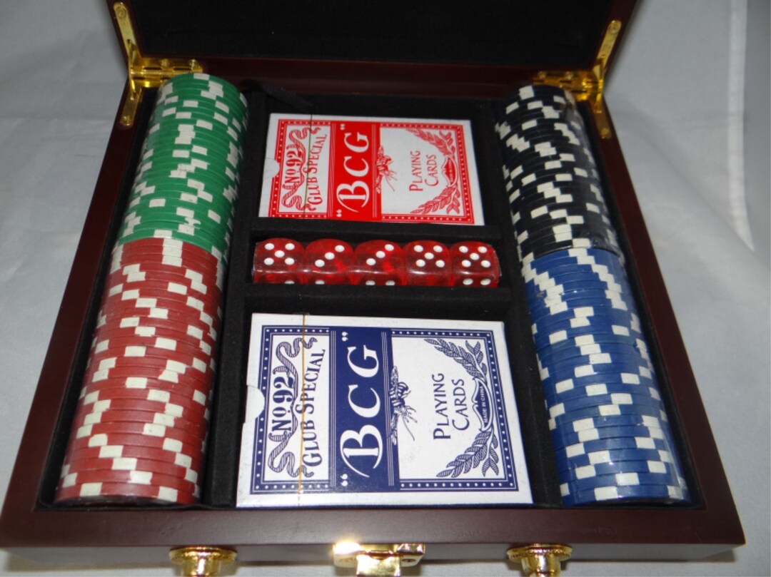 Poker Set in a Rosewood Finish Case - 100 Chips, Two Decks of Cards and ...