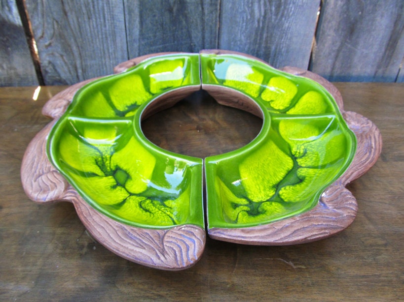 1950's 2 Piece Green Ceramic Party Tray With Ceramic Wood Grain Trim - Etsy