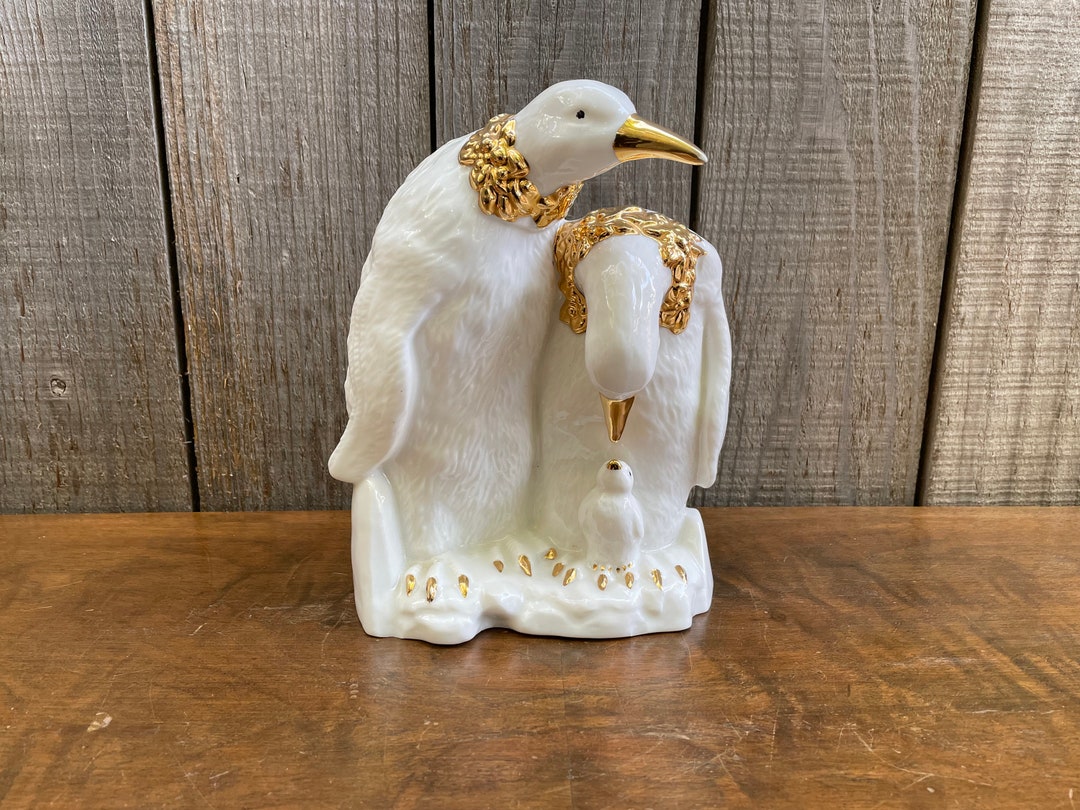 Vintage Porcelain Penguin Family Figurine, White & Gold Winter Decor - Etsy