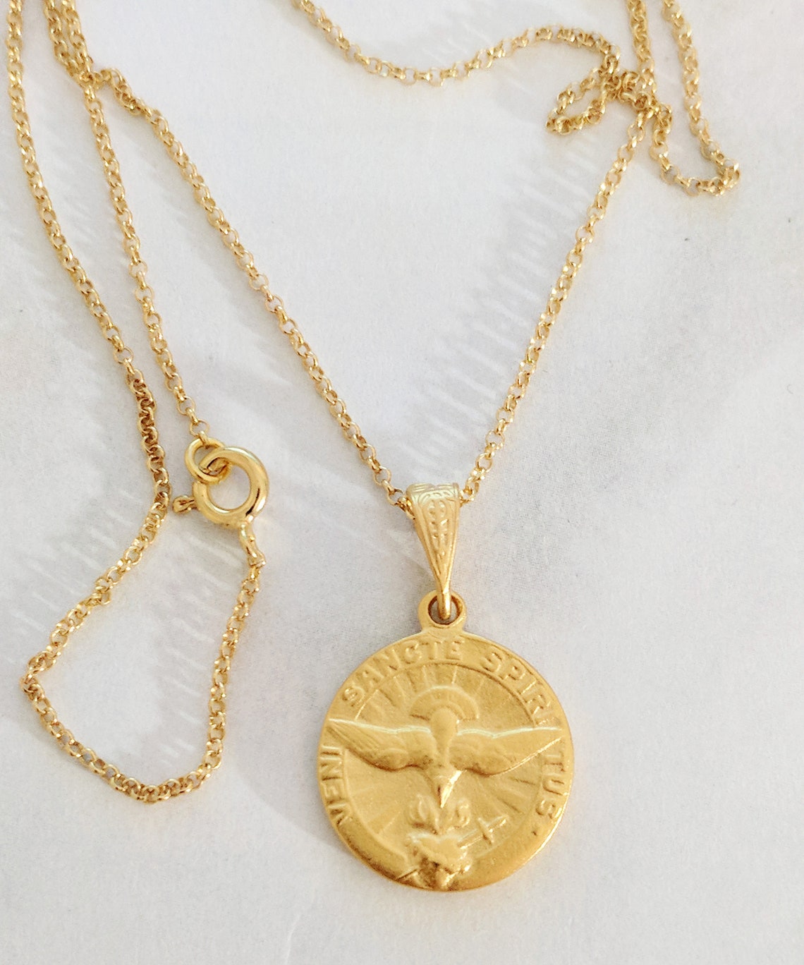 Necklace - Holy Spirit 18K Gold Vermeil 17.5mm + 18 Inch Italian 18K ...