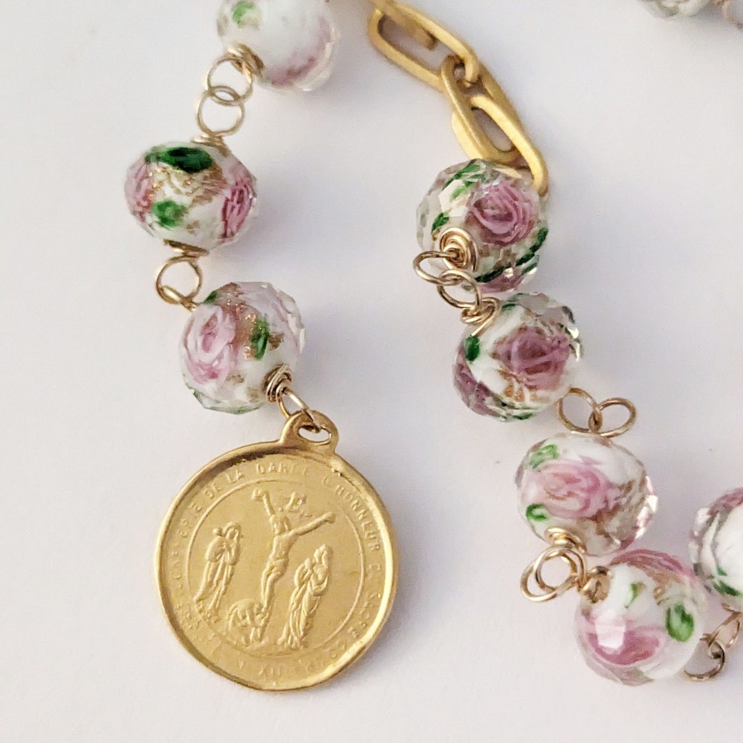 Glass Chaplet - Pink Roses Mary Magdalene at Foot of Cross 18mm - 18K ...