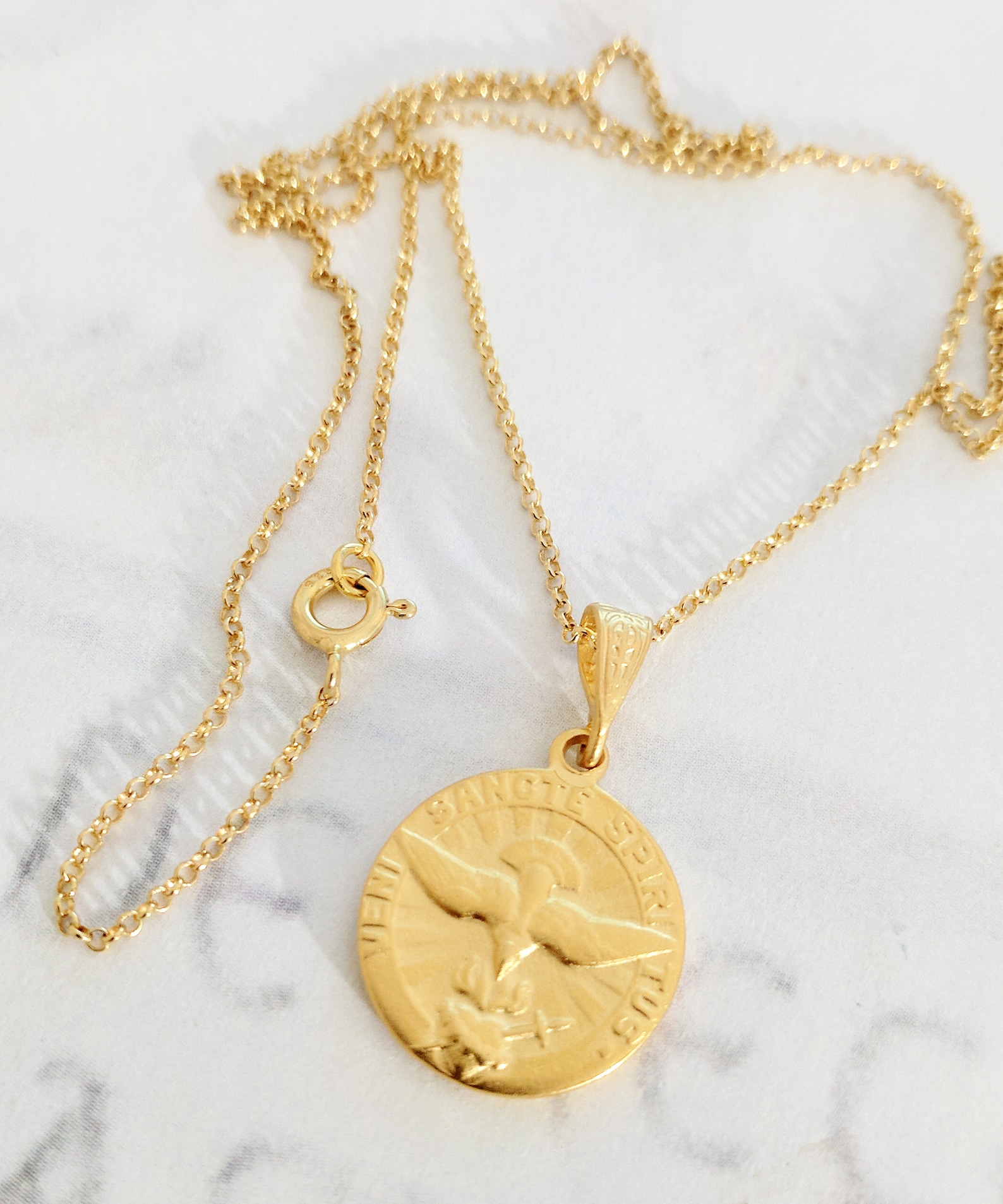 Necklace - Holy Spirit 18K Gold Vermeil 17.5mm + 18 Inch Italian 18K ...