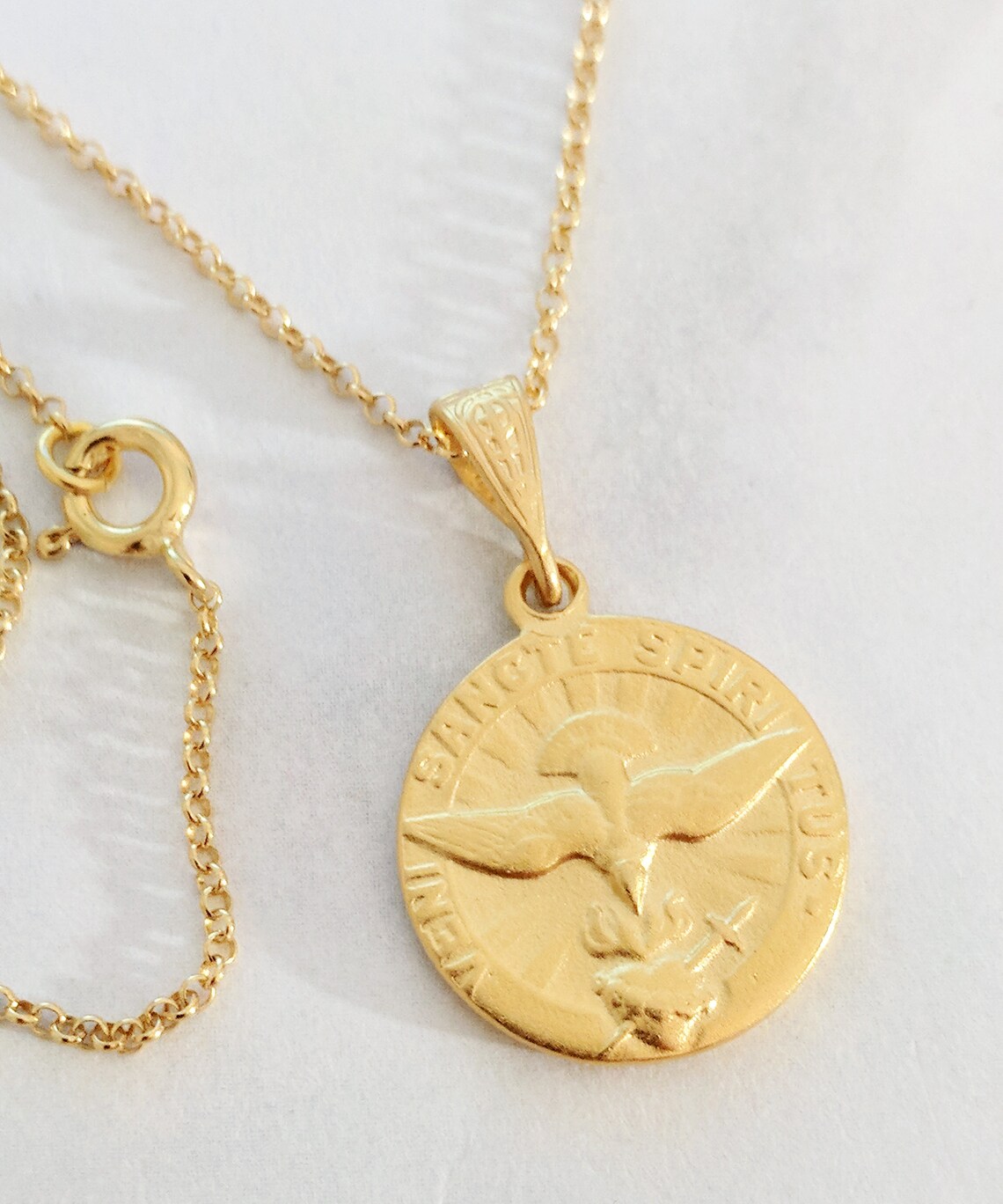 Necklace - Holy Spirit 18K Gold Vermeil 17.5mm + 18 Inch Italian 18K ...