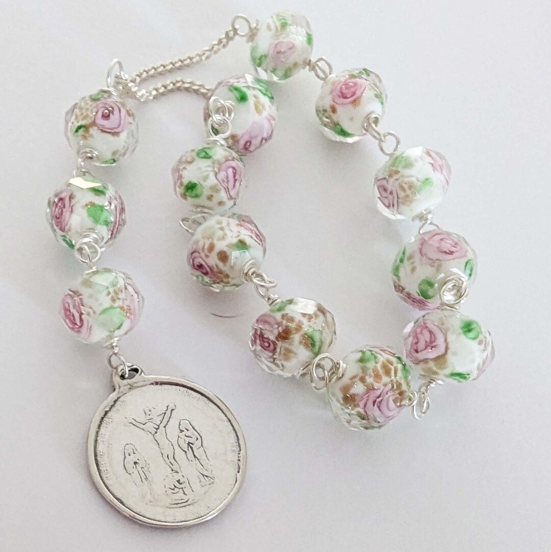 Glass Chaplet - Pink Roses Mary Magdalene at Foot of Cross 18mm ...