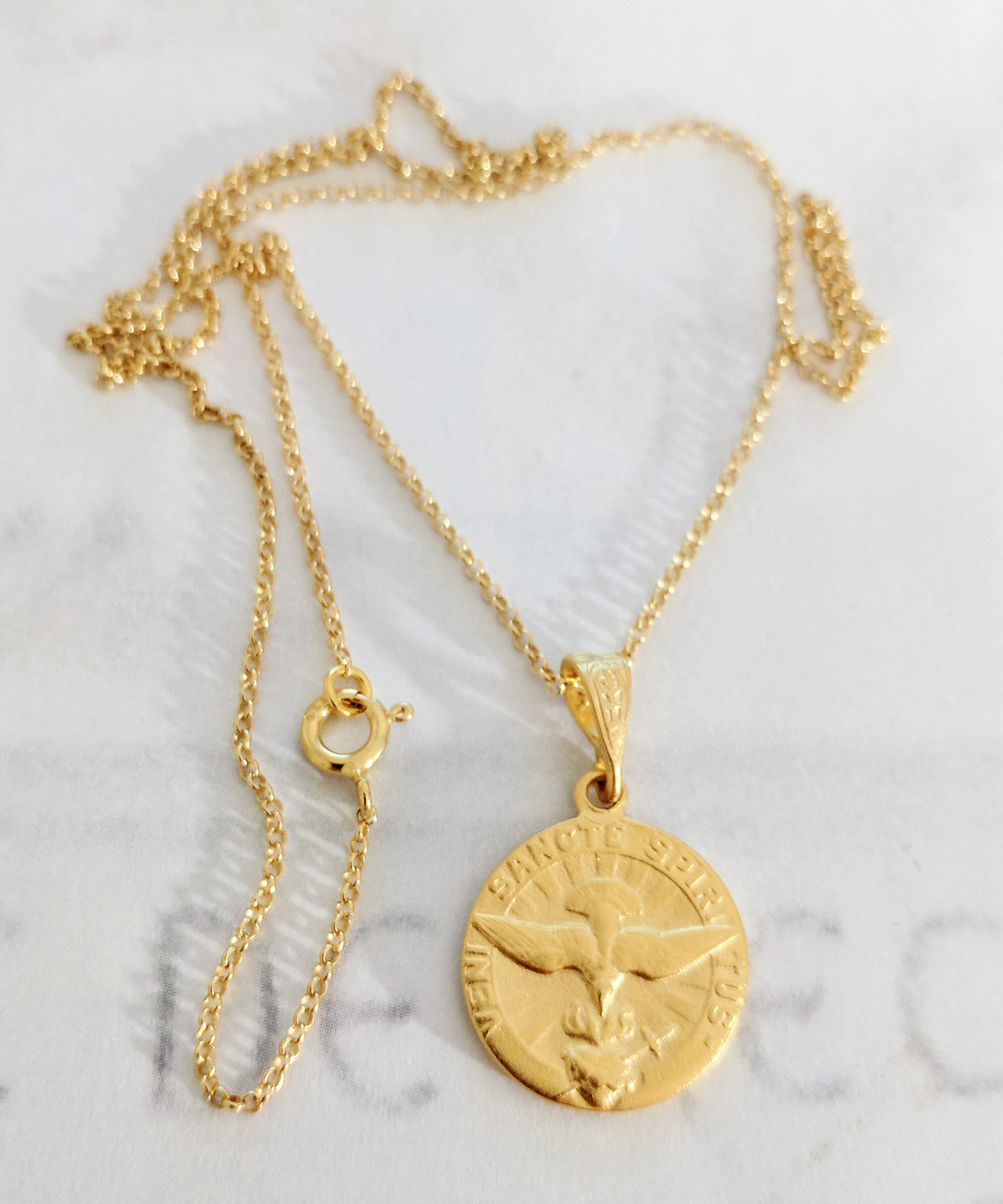 Necklace - Holy Spirit 18K Gold Vermeil 17.5mm + 18 Inch Italian 18K ...