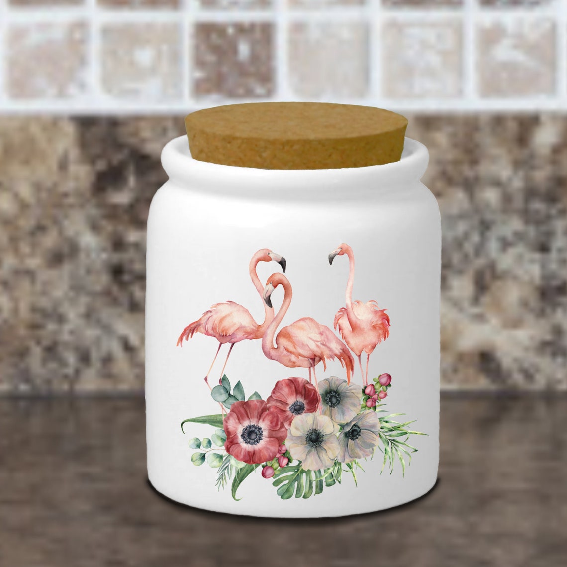 Flamingos Ceramic Jar/ Pink Flamingos Watercolor Tropical Floral ...