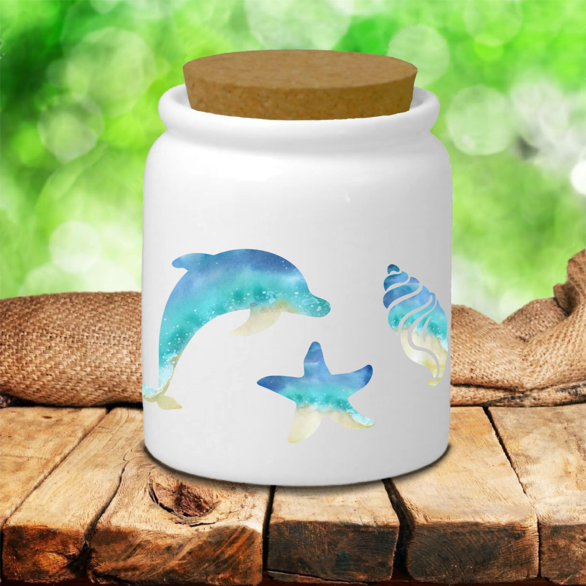 Beach Ceramic Jar/ Nautical Watercolor Beach Dolphin Seashells | Etsy