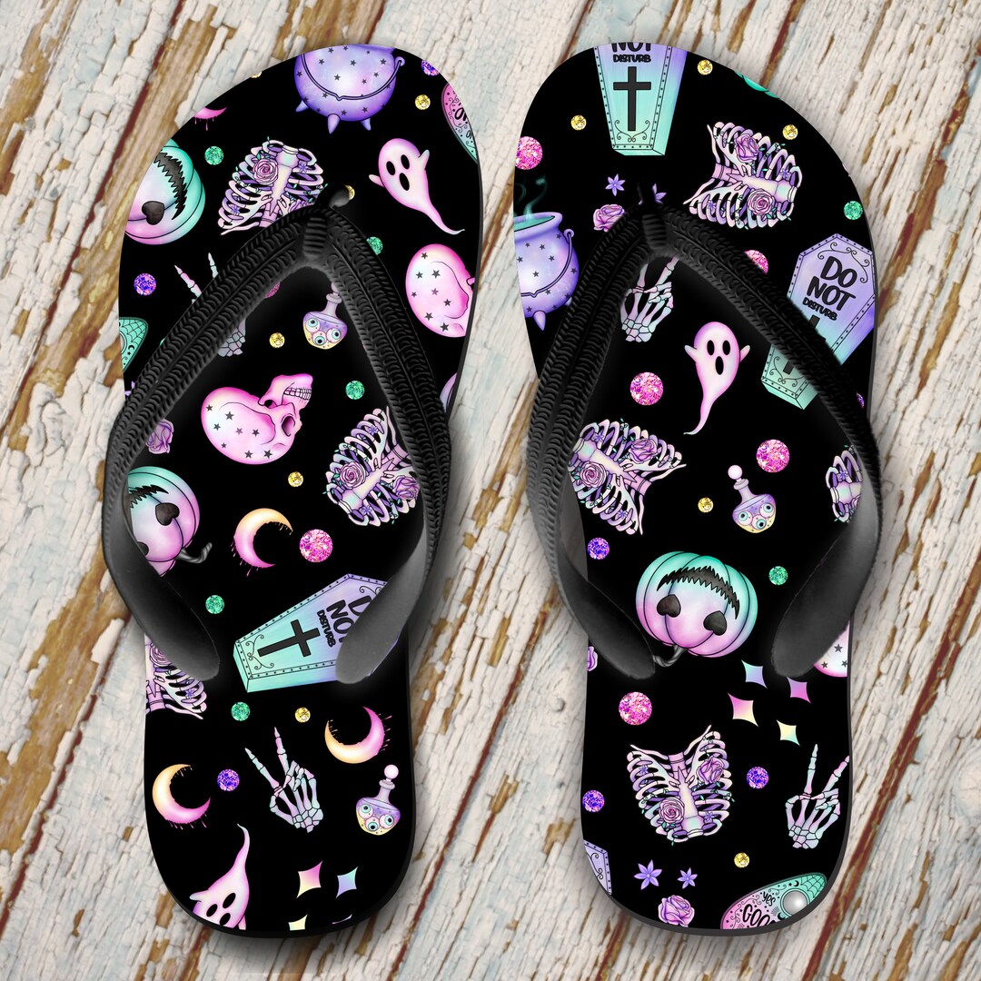 Halloween Flip Flops/ Gothic Pastel Pumpkins, Ghosts, Skeletons ...