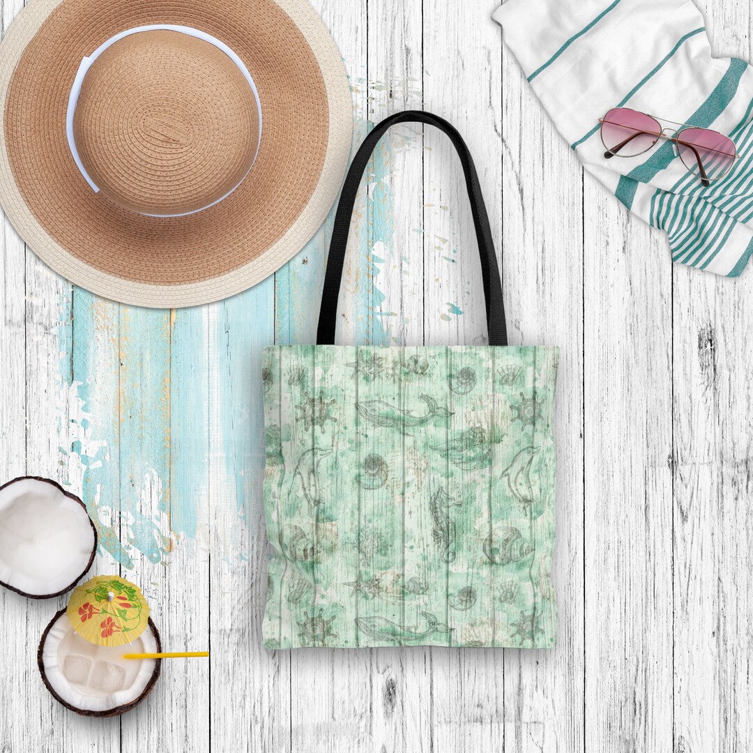 Nautical Tote Bag/ Sea Green Beach Wood Seashells Starfish Coastal ...