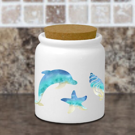 Beach Ceramic Jar/ Nautical Watercolor Beach Dolphin Seashells | Etsy