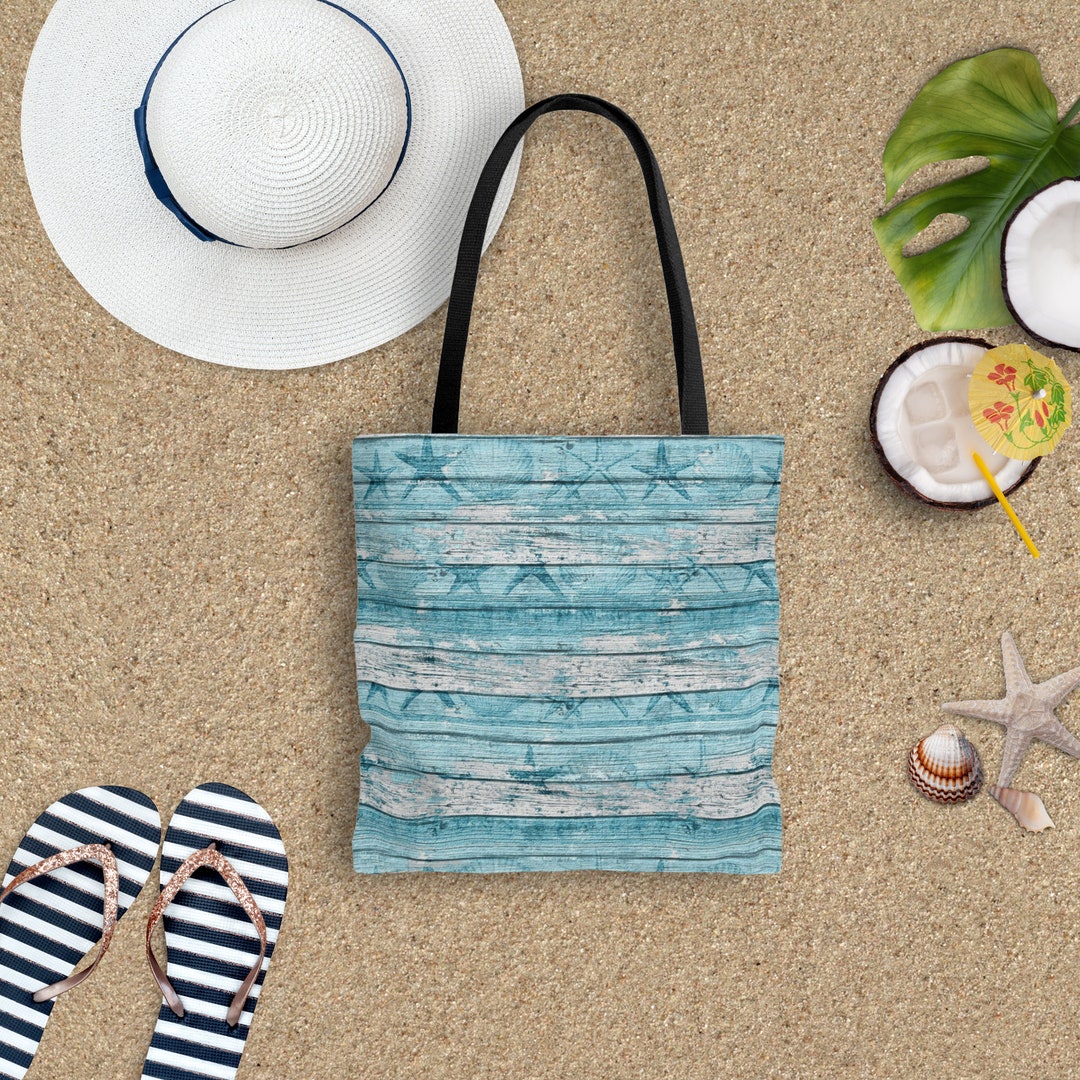 Nautical Tote Bag/ Blue White Beach Wood Seashells and Starfish Coastal ...