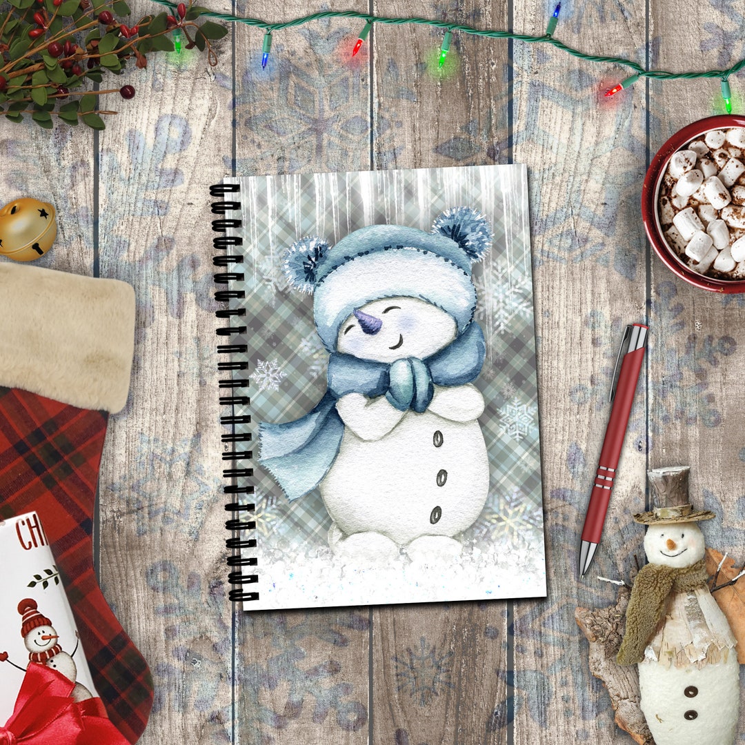 Christmas Journal/ Winter Cute Snowman Blue Mittens and Plaid Notebook ...
