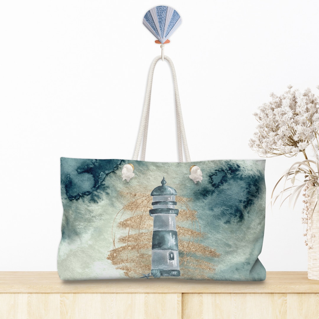 Nautical Tote Rope Handle Bag/ Navy Lighthouse Seashells Watercolor ...