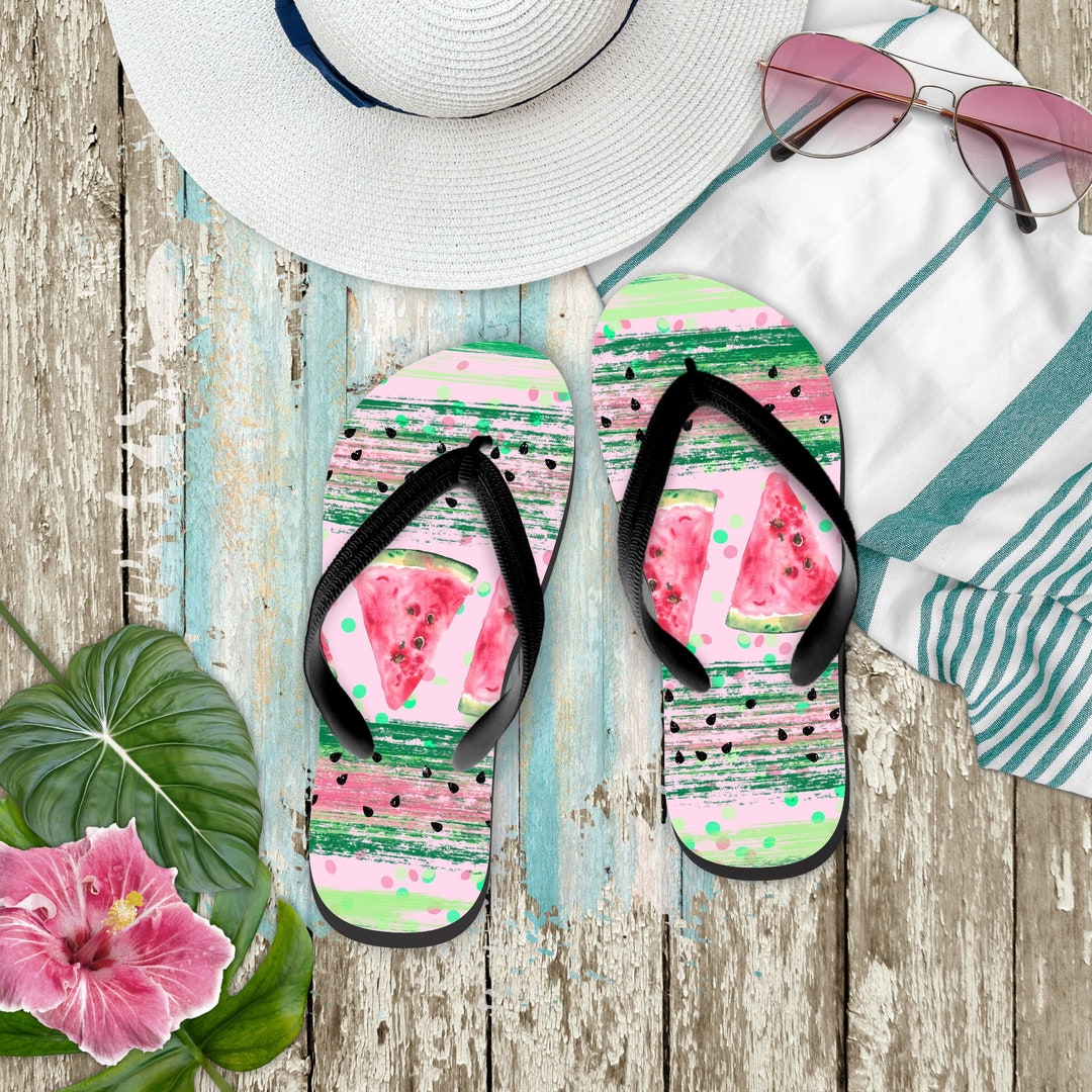 Watermelon Flip Flops/ Pink Green Brushstrokes and Polkadots Watermelon ...