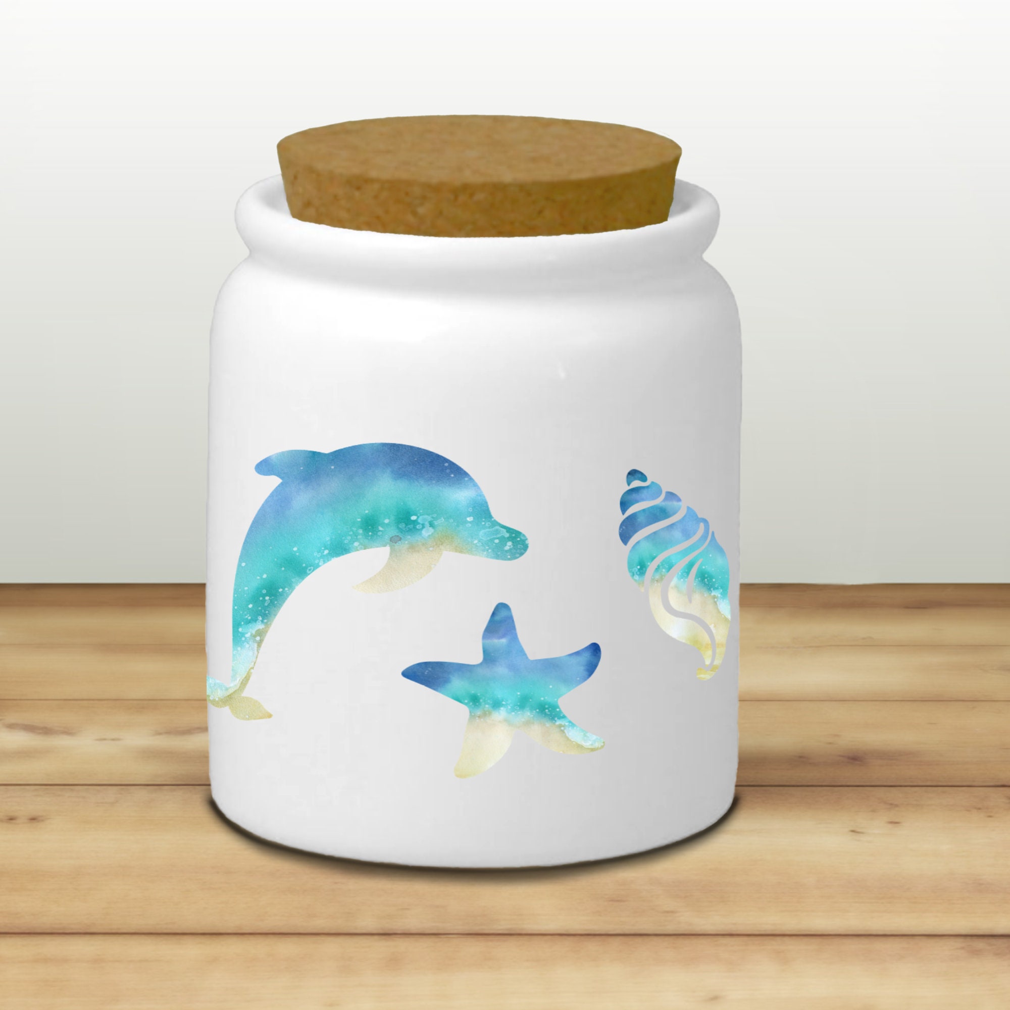 Beach Ceramic Jar/ Nautical Watercolor Beach Dolphin Seashells | Etsy