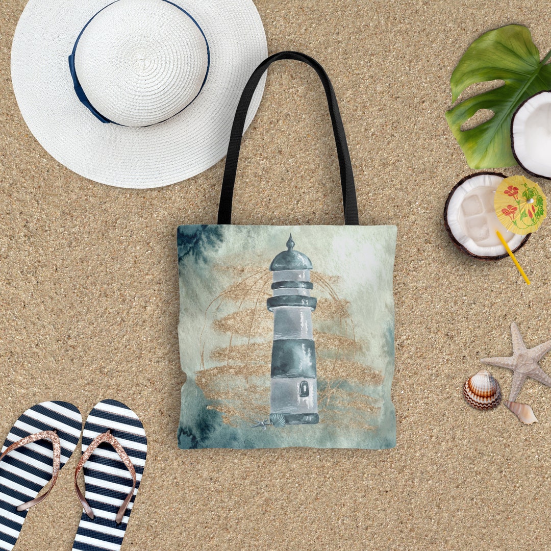 Nautical Tote Bag/ Navy Lighthouse Seashells Watercolor Coastal ...