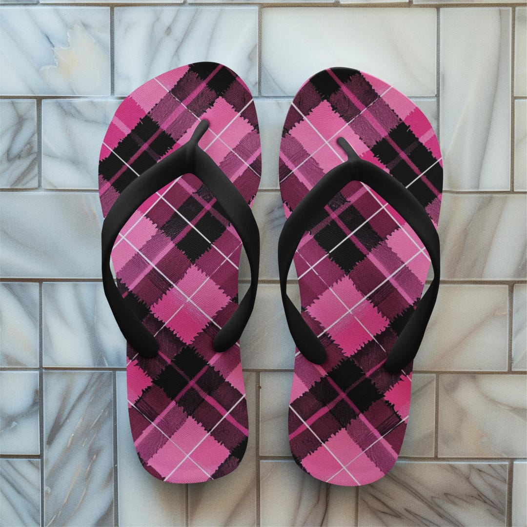 Plaid Flip Flops/ Pink and Black Diagonal Beach Summer Sandals - Etsy