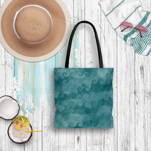 Nautical Tote Bag/ Blue Curled Ocean Waves Digital Watercolor ...