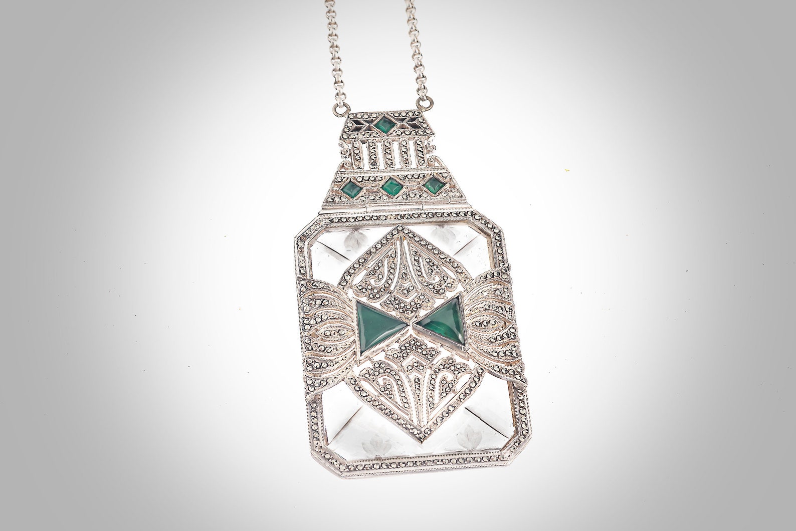 French Art Deco Sterling Marcasite Cut Glass & Chrysoprase Necklace - Etsy