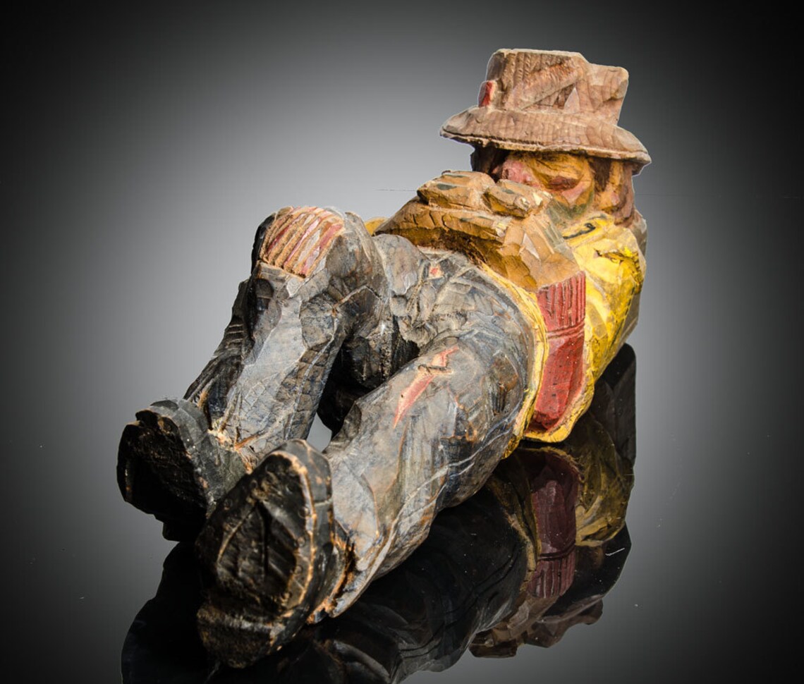 American Folk Art Carved Wood Sleeping Hobo Figure 11 1/2" Long Signed ...